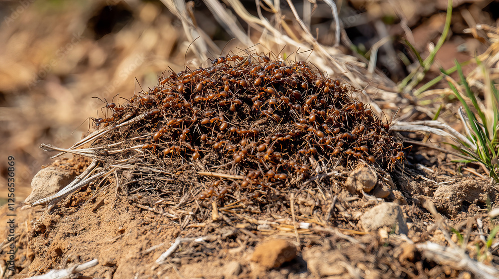 Ant builder characters building anthill with grass and straw twigs ...