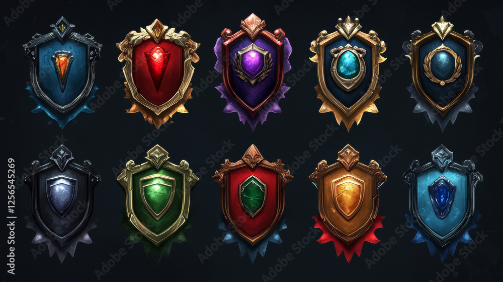 Game award badges and level complete popup shields, vector GUI ...