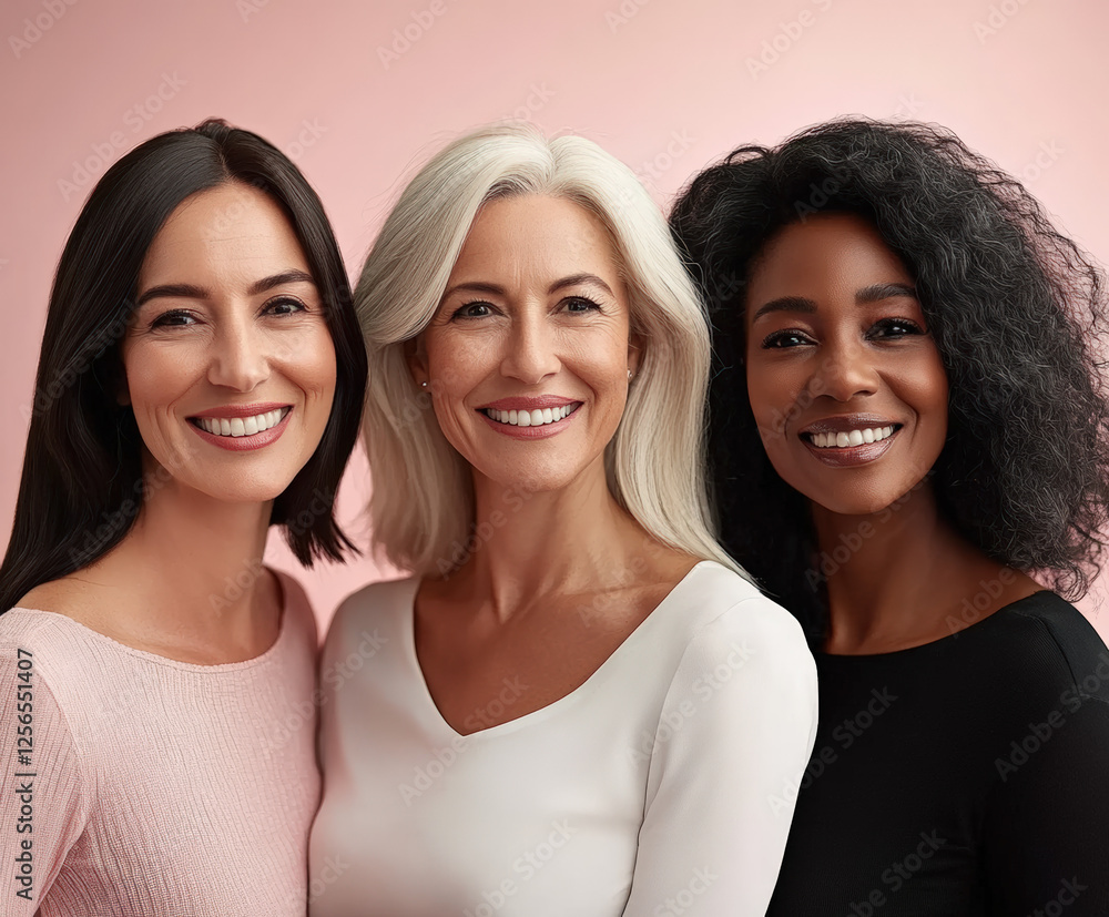 three beautiful women, 50 years old, women of different nationalities ...