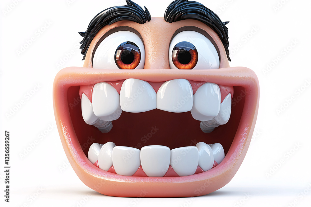 Cartoon face with wide eyes, a huge open mouth, and a full set of shiny ...