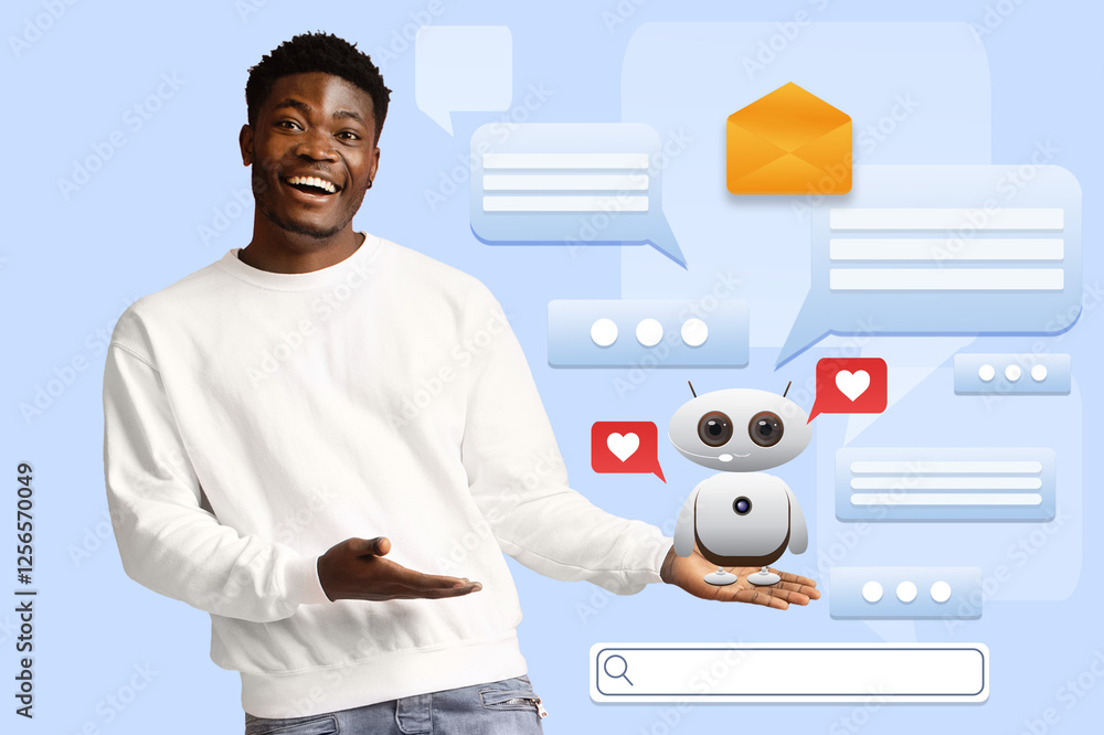African American guy smiles while interacting with a virtual assistant ...