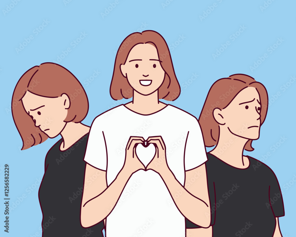 A smiling woman shows a heart gesture, while two sad friends stand ...