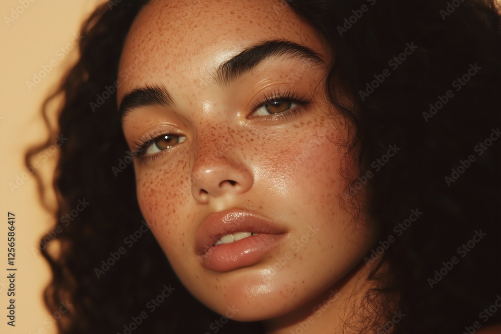 naturally stunning woman with freckles and smooth, hydrated skin. Her ...