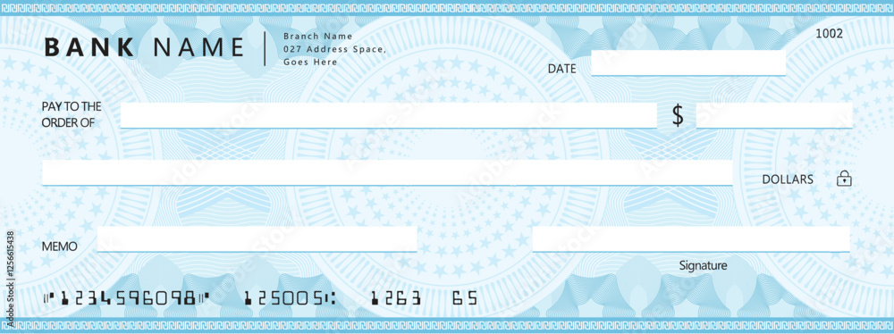 Blank bank check, checkbook cheque template with blue guilloche, vector ...
