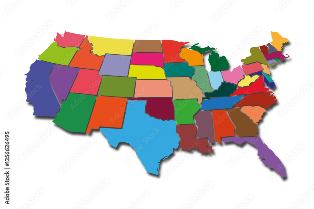 USA 3D colorful map with shadow effect, isolated on a transparent or ...