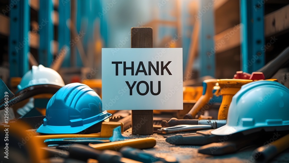 Design an image showing gratitude for workers. Show a 'Thank You' card ...