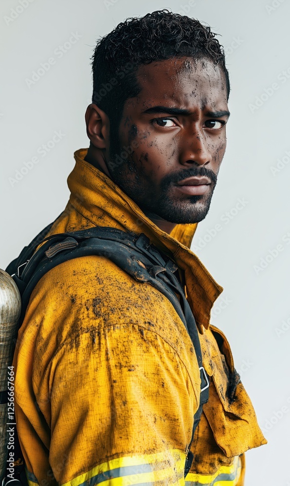 Firefighter first responder man in yellow uniform dirty and covered in ...