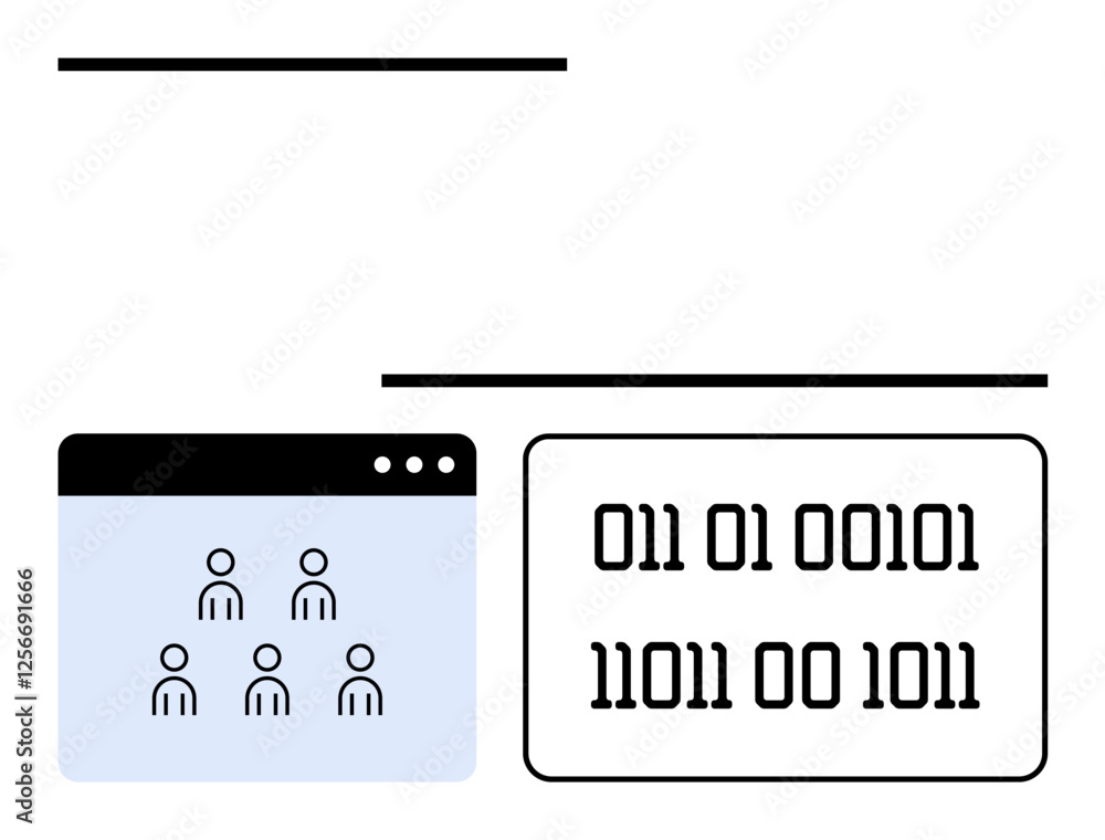 Binary code panel beside browser window with user icons symbolizing ...