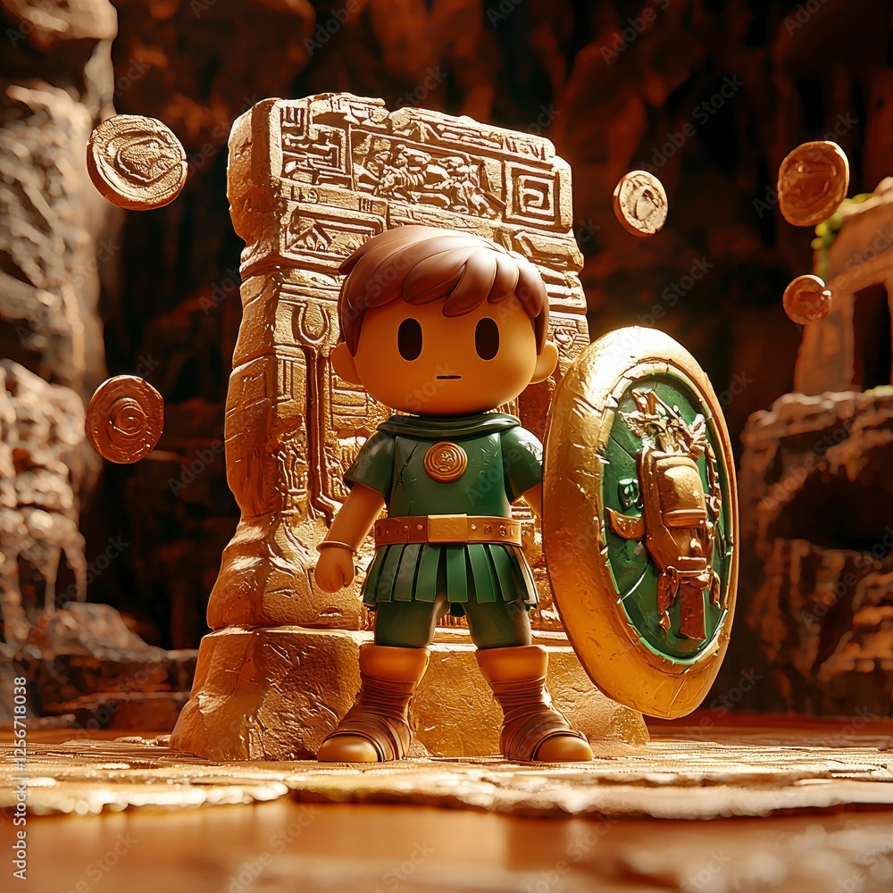 Brave Young Hero with Shield Standing Before Ancient Mayan Ruins and ...