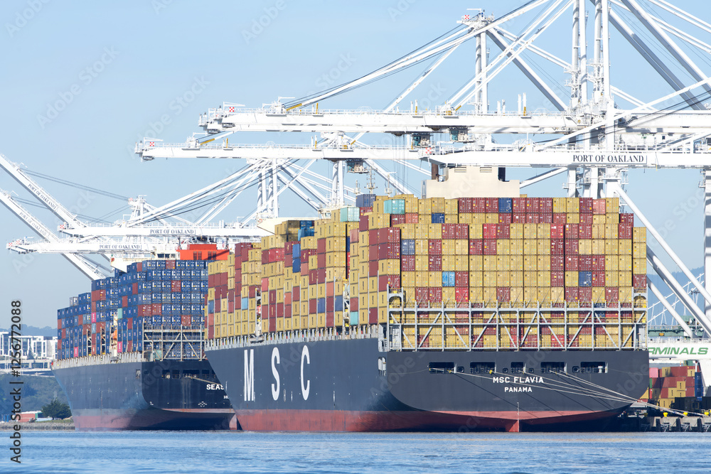 Oakland, CA - Feb 10, 2025: Cargo ships MOL SEASPAN BRAVO and MSC ...