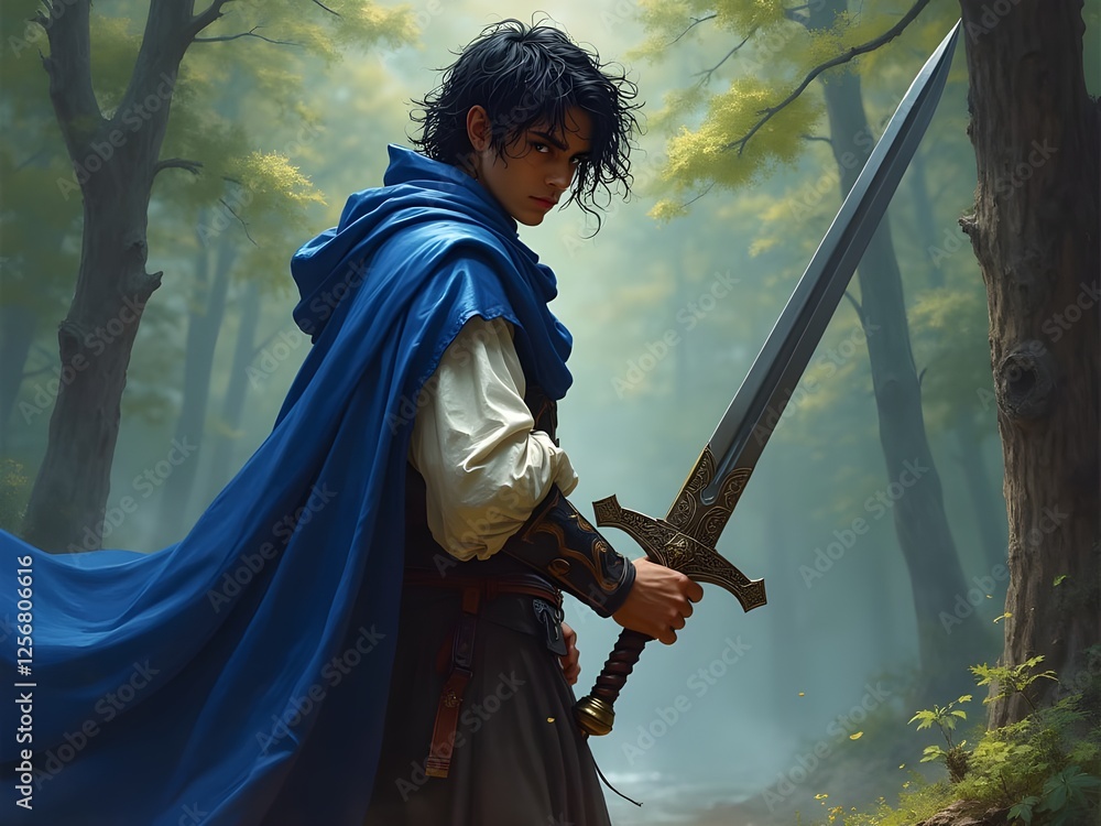 Illustration of a medieval knight's squire wearing a blue cape holding ...