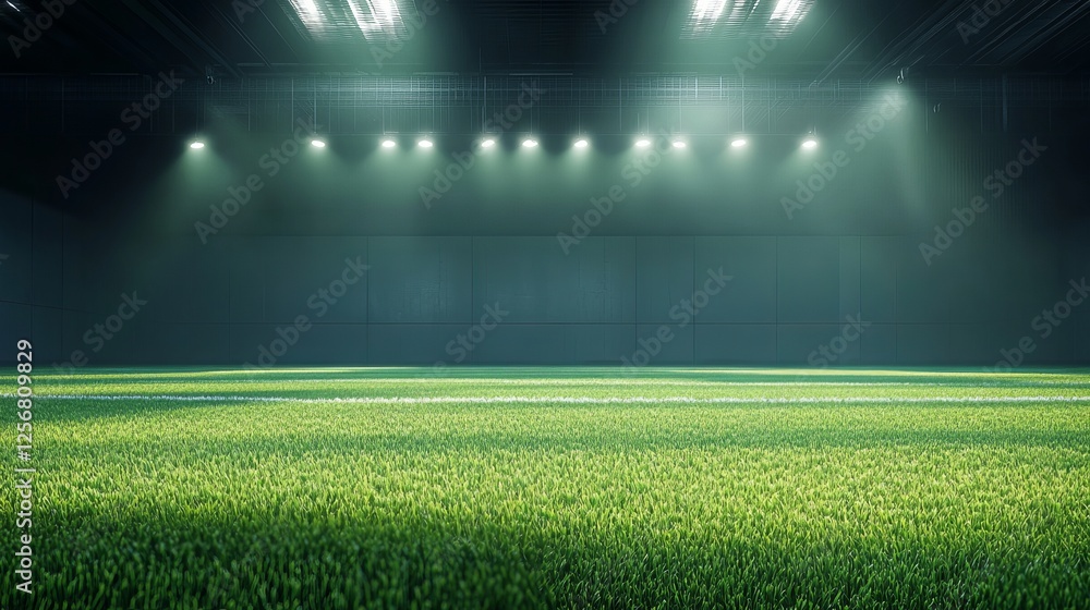Floodlit stadium with lush green grass field under night sky – 3d ...