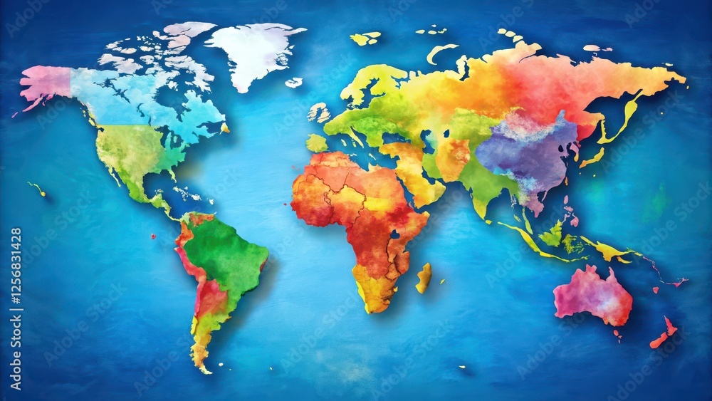 Vibrant colored map of the world with diverse continents and oceans ...