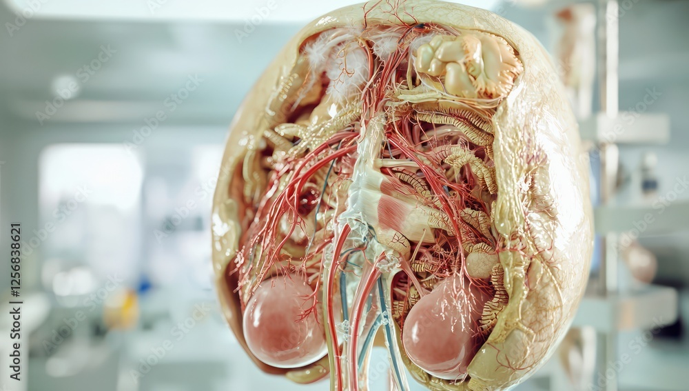 Renal system with filtration pathways and ureter connections visualized ...