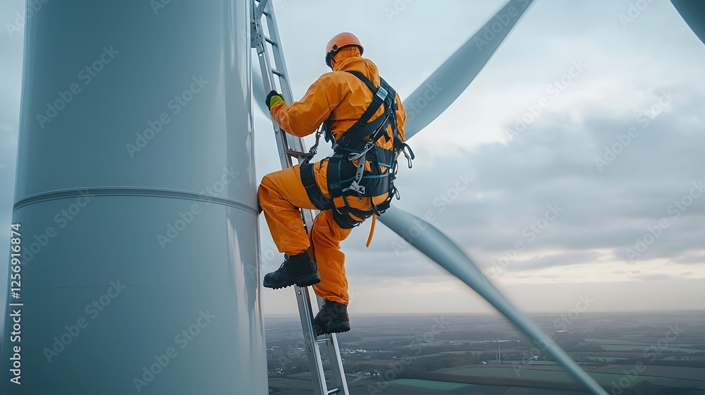 Engineer Securely Climbing an Internal Ladder Inside a Wind Turbine ...