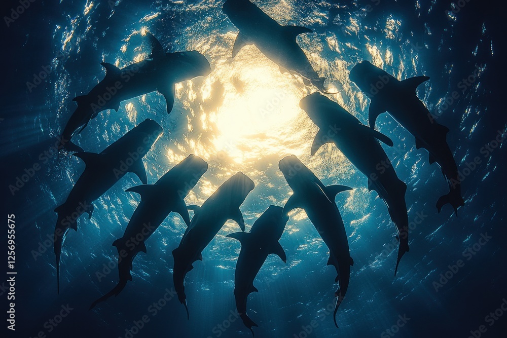 Hammerhead Sharks Swimming in a Circle Beneath Sunlit Ocean Surface Stock Photo | Adobe Stock