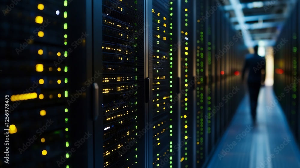High Tech Server Room with Fiber Optic Cables and Bright LED Lights in a Data Center ...