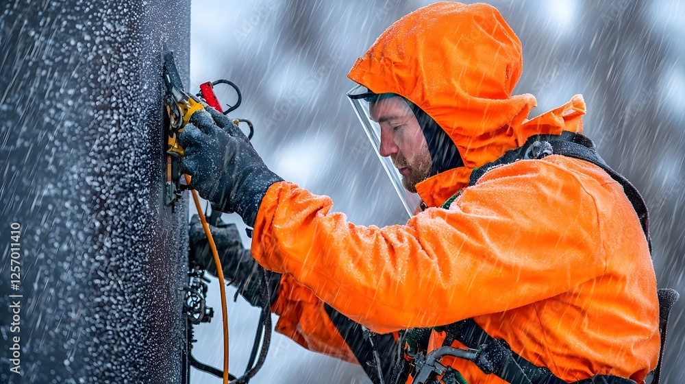 Offshore wind turbine engineer in full personal protective equipment ...