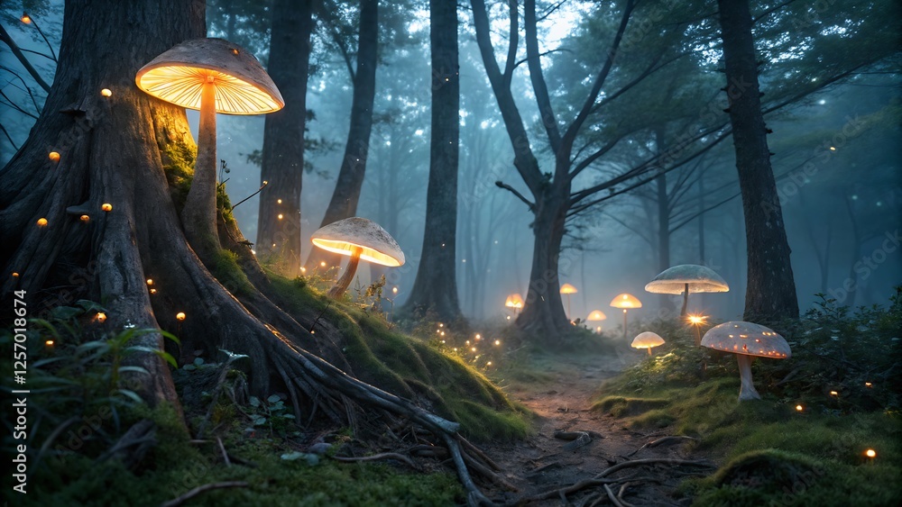 mystical enchanted forest at twilight, glowing bioluminescent mushrooms illuminating the ...