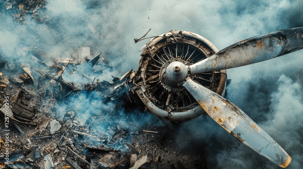 Damaged airplane propeller amid debris and smoke, showing destruction's ...