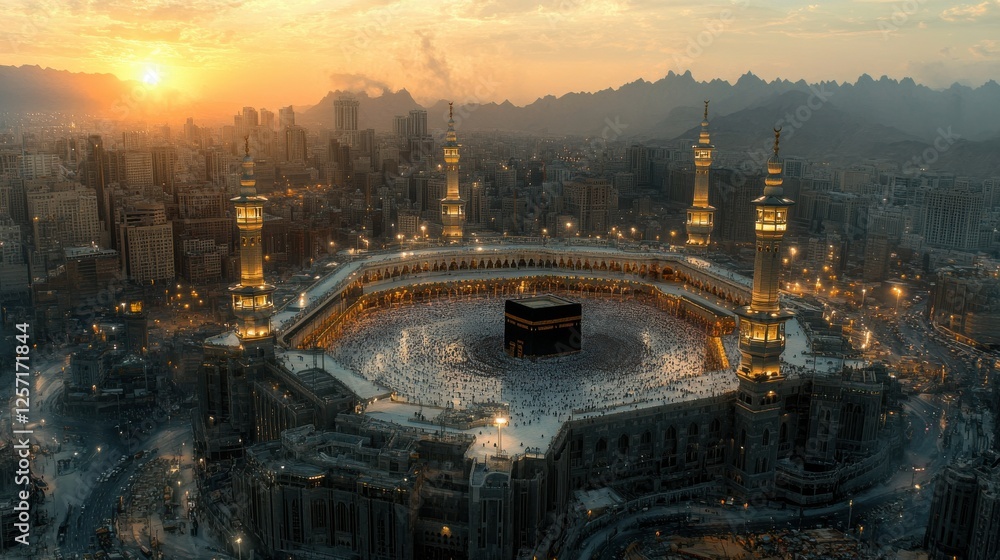Majestic view of the Kaaba in Mecca during sunset with pilgrims and ...
