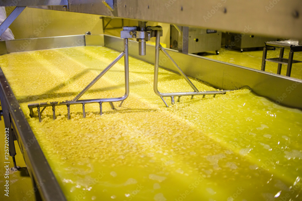 Close-up of curd formation inside an industrial cheese vat, showing the ...