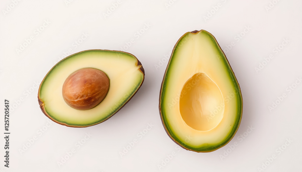 Aesthetic flat lay composition featuring two avocado halves on a pastel ...