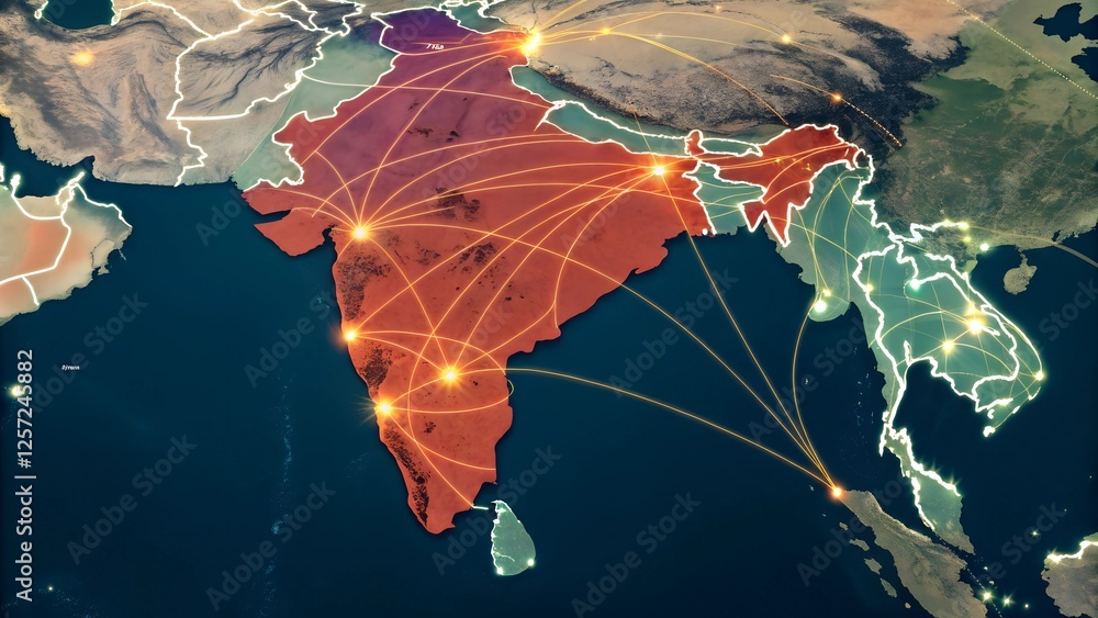 ภาพประกอบ Stock India's Global Connections: A stylized map highlighting ...