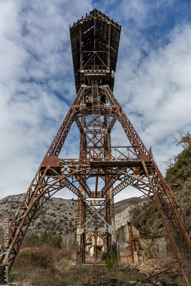 View from below of the metal structure of the Ibarra Shaft Headframe ...