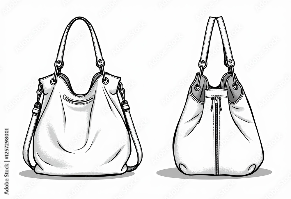 Fashion Hobo Bag Blueprint: Technical Illustration with Front and Side ...