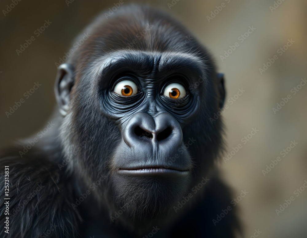 A close-up of a shocked and funny gorilla with wide-open eyes and a ...