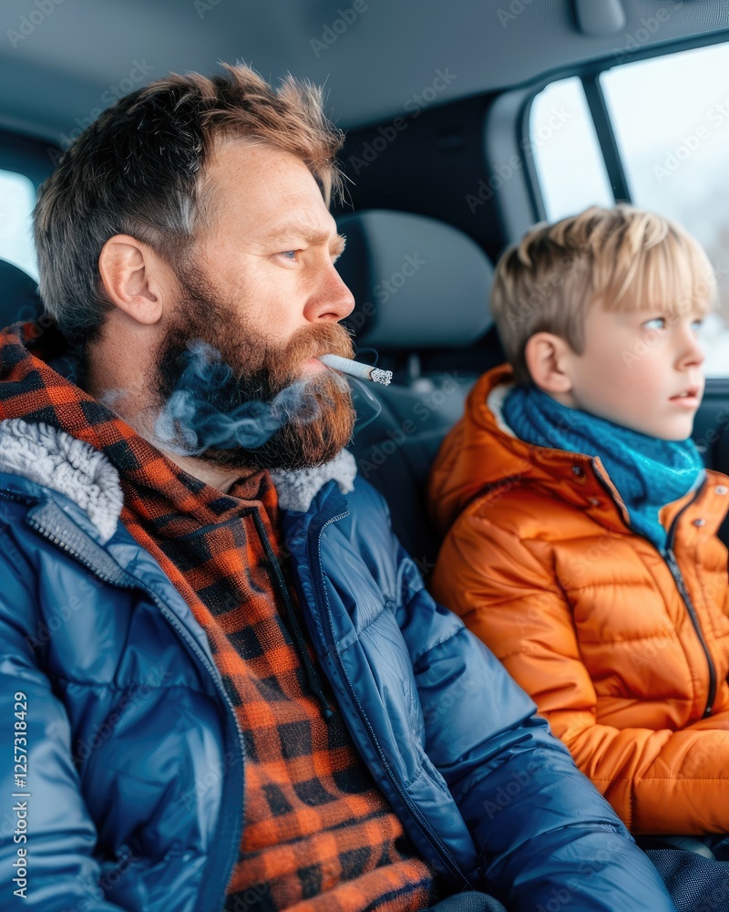 Father and Son in Car, Man Smoking Cigarette Stock Photo | Adobe Stock