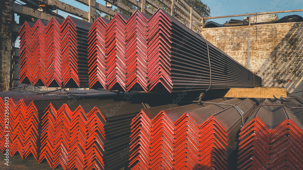 Steel angles. Stuck og L-beams on the warehouse. Metal rolled angle bar ...