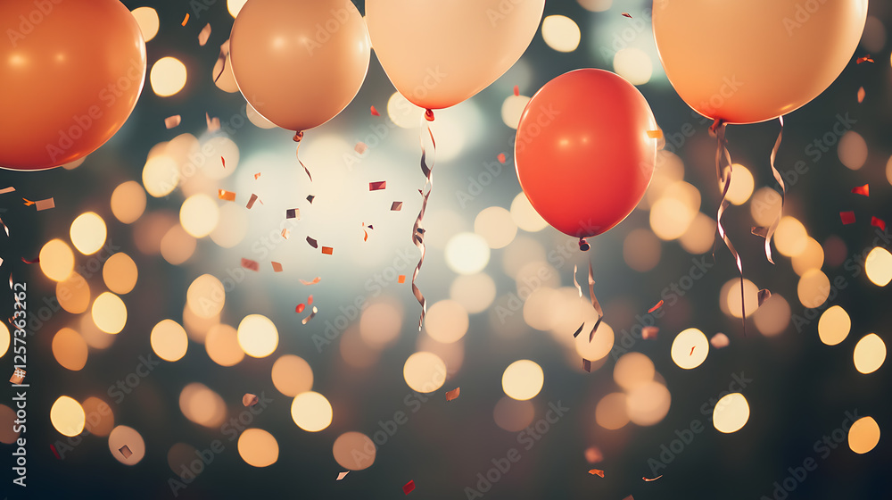 A visually rich birthday party setup with floating balloons, elegant ...