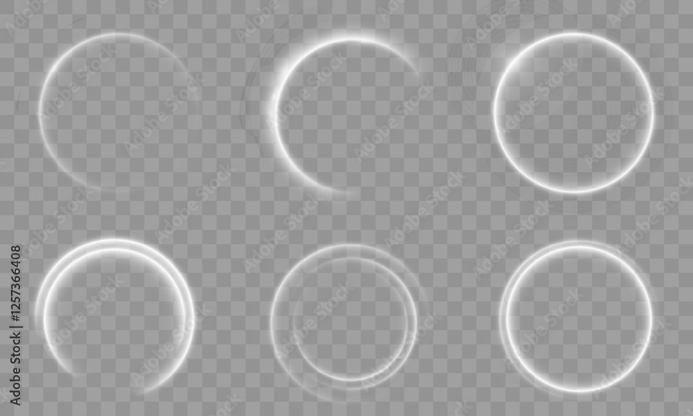 A set of glowing white circular light effects on a transparent background. Includes neon rings ...