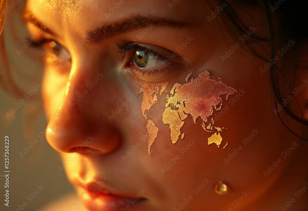 An ultra-realistic image of a teardrop reflecting the world map on a ...