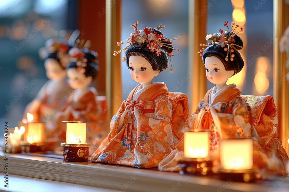 Photo Stock Hinamatsuri display with tiered hina dolls and cherry ...