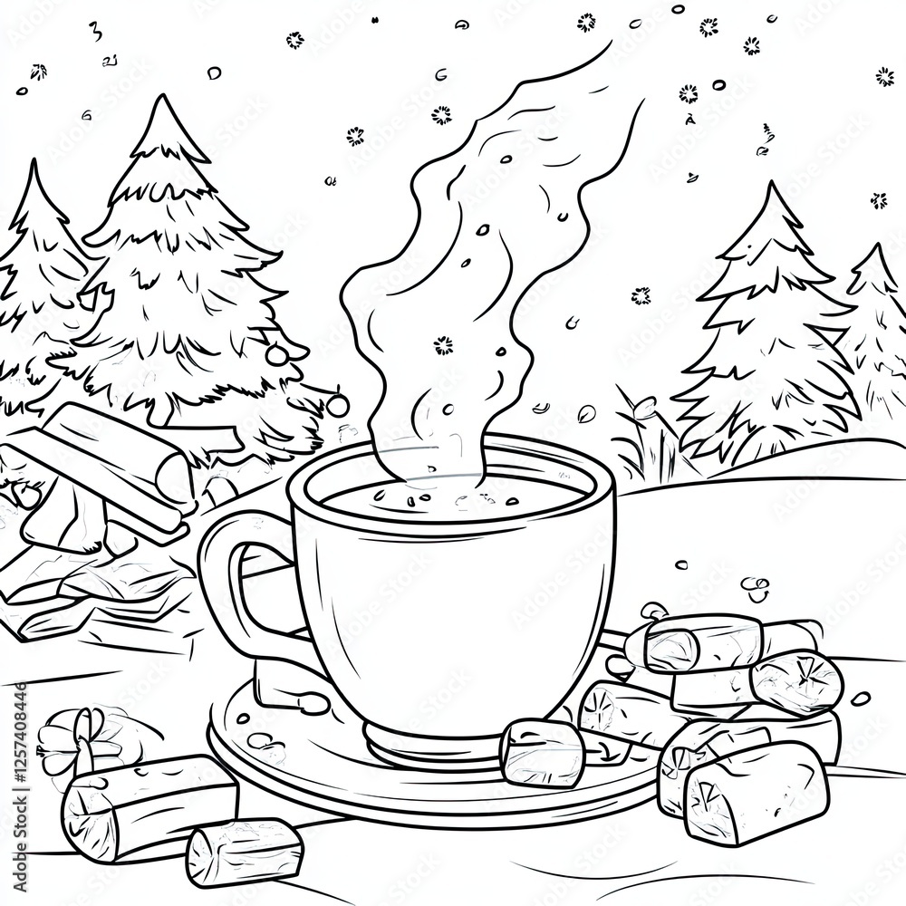 Cozy Winter Scene Hot Cocoa Coloring Page Illustration Stock ...