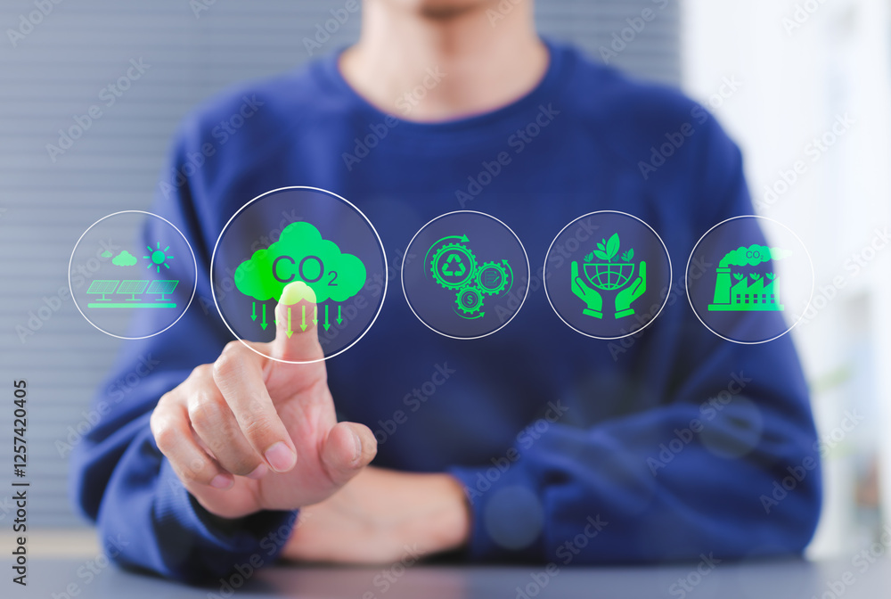 Reduce CO2 emission concept. Person pointing at transparent ...