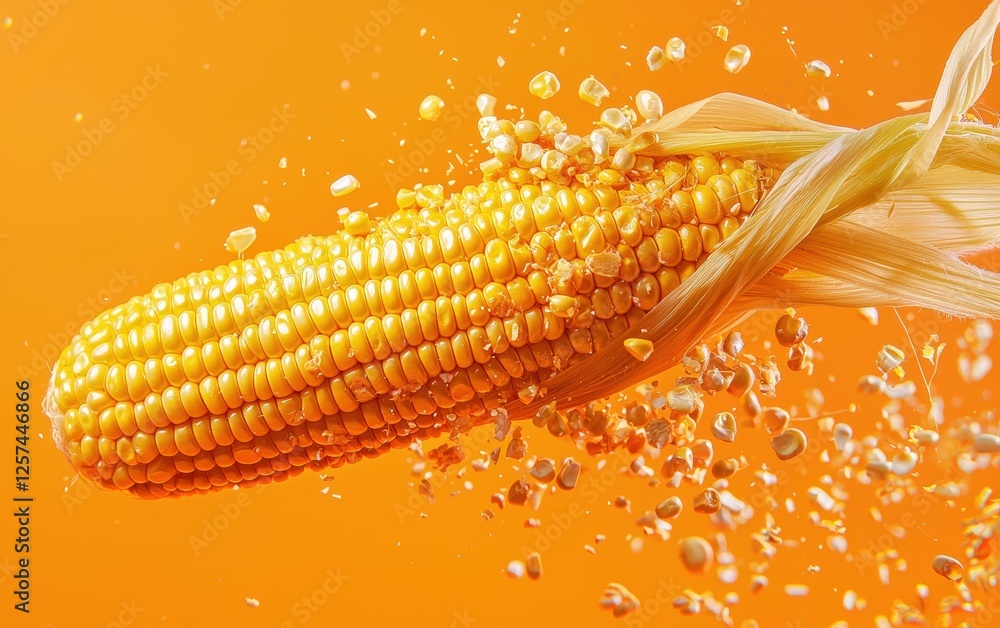 A golden corn cob spinning dynamically with individual kernels popping ...