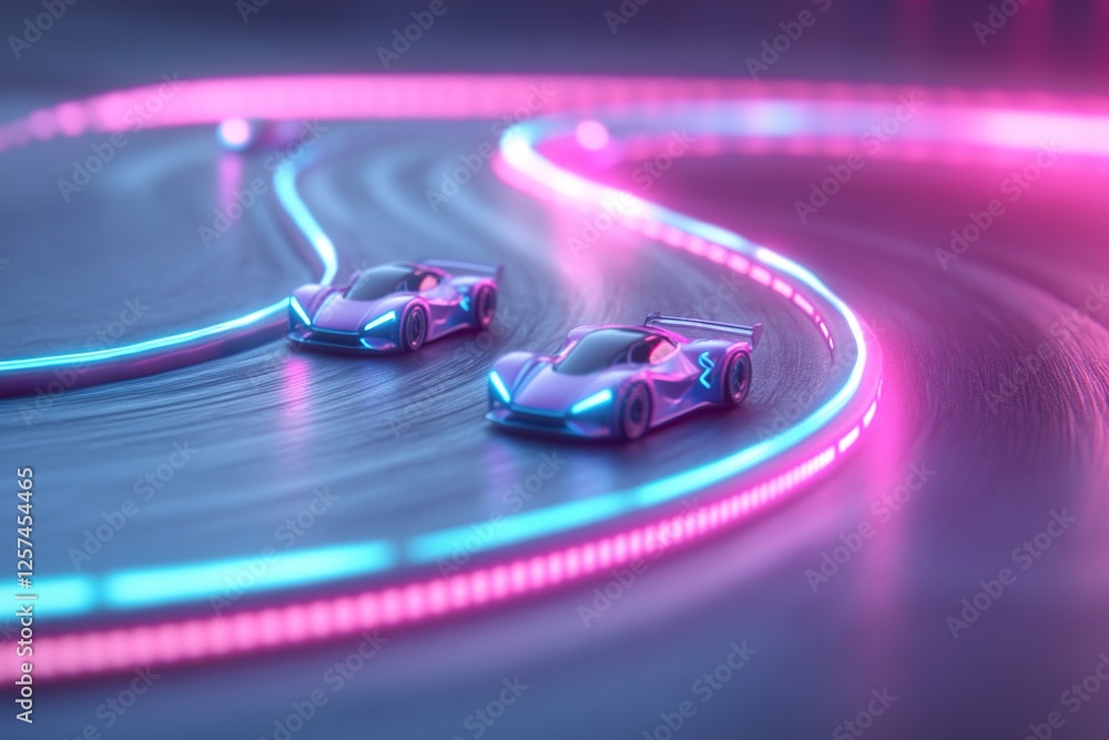 Futuristic neon race cars speed along a holographic track filled with ...