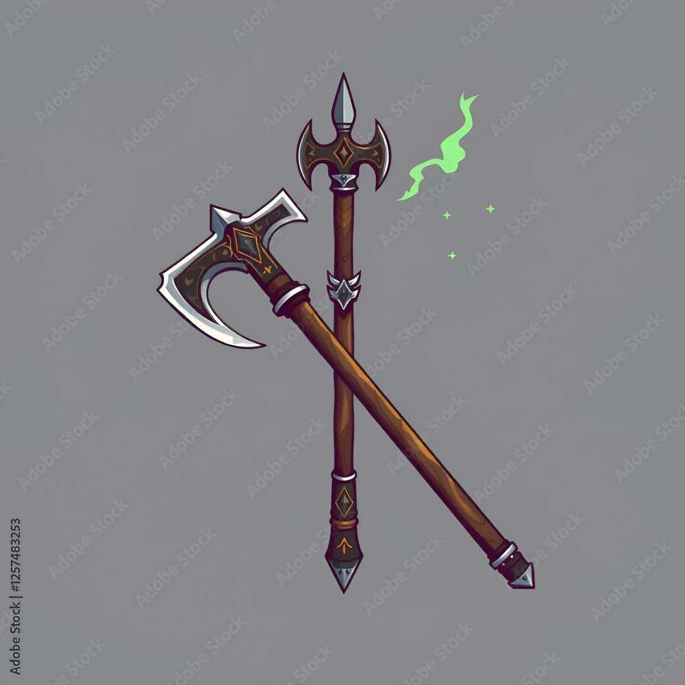 Magical Nordic battle axe or Skyrim weapon, vector battleaxe hatchet ...