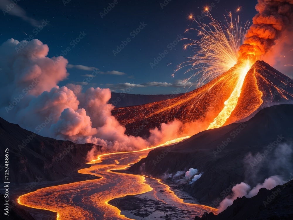 Glowing Volcano Erupting With Flowing Lava and Explosive Sparks at ...