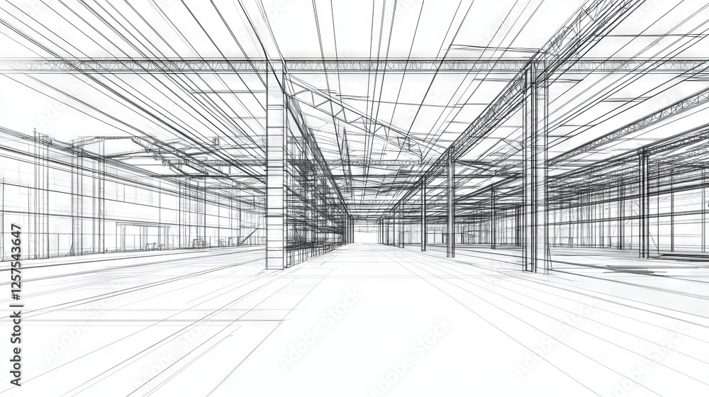 architectural warehouse sketch, industrial framework drawing ...