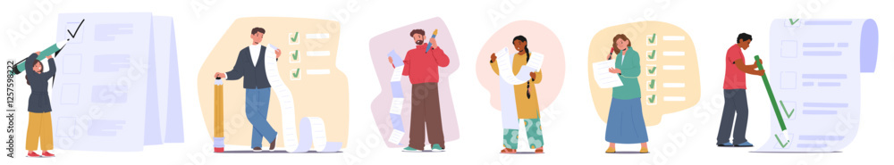 Diverse people cartoon characters working with checklist task, planning ...