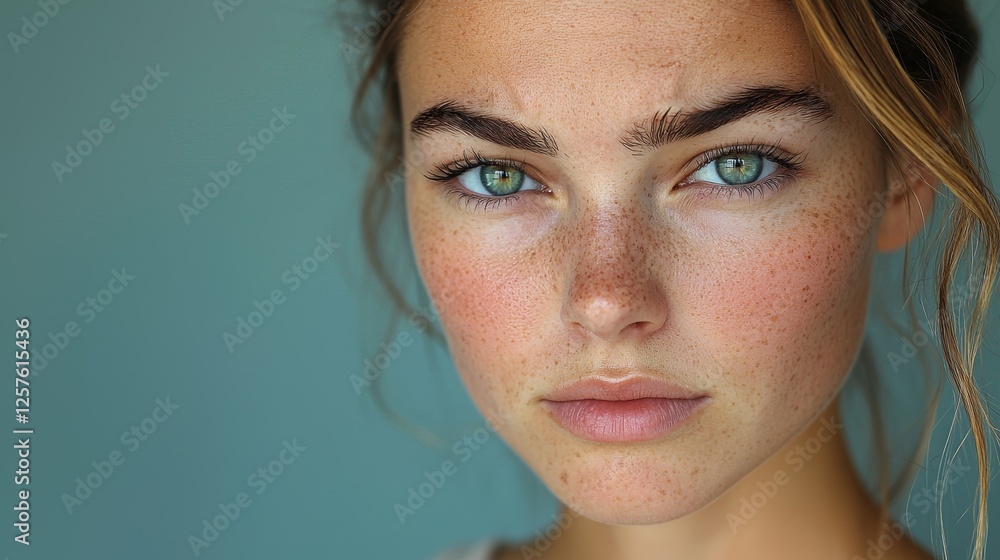 The eyebrows form a straight horizontal line, underscoring the stern ...