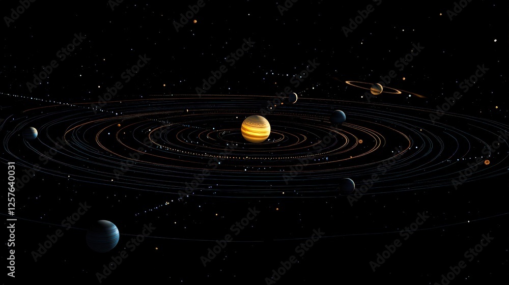 Solar System, with planets orbiting the Sun, each in their own path ...