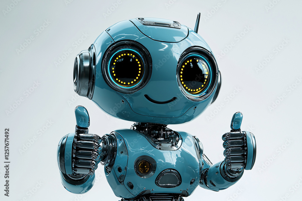 Friendly blue robot with bright yellow eyes cheerfully gives a double ...