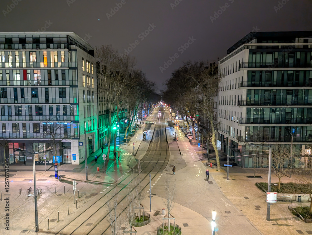 France, Lyon 04 February 2025 : City nightscape with modern buildings ...
