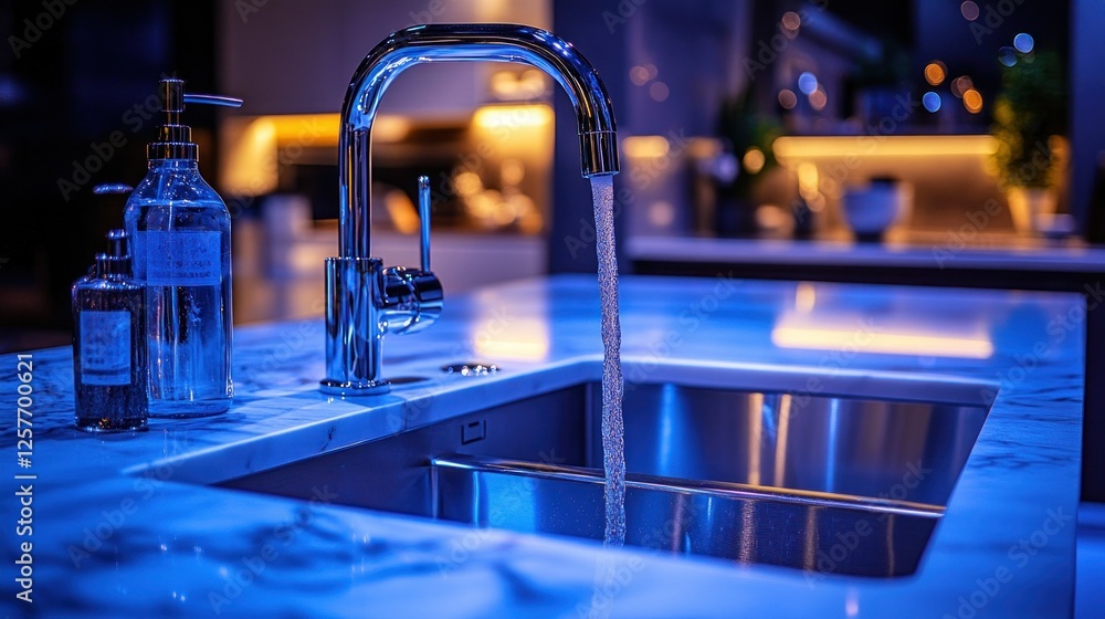 Modern kitchen sink faucet with running water, illuminated countertop ...